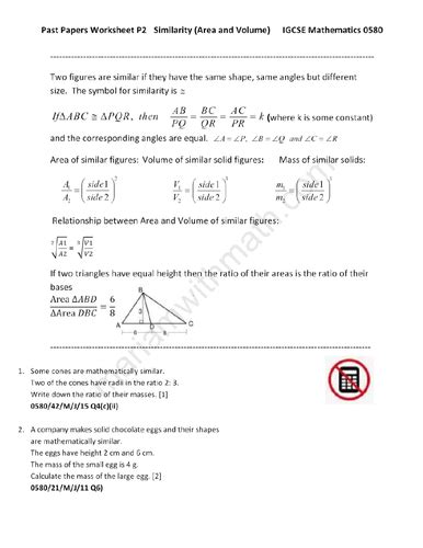 Similarity Area Volume Mass Igcse Mathematics 0580 Past Papers