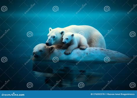 A White Polar Bear And Her Cub On A Sheet Of Ice In The Middle Of The