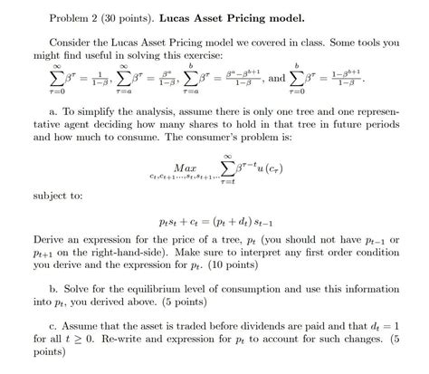 Problem 2 30 Points Lucas Asset Pricing Model