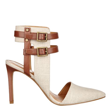 Nine West Catchme Ankle Strap Heels In Beige Naturalbrown Fabric Lyst