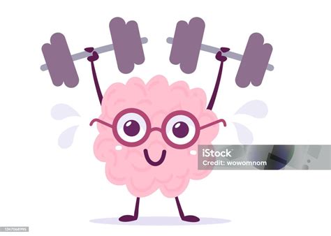 흰색 배경에 무게를 리프팅 안경에서 행복 강한 핑크 인간의 뇌 캐릭터의 벡터 창조적 인 그림 땀을 흘리는 감성 두뇌의 플랫 낙서 스타일 지식 개념 디자인 과학에 대한 스톡