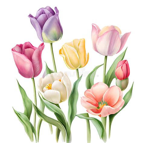 Colorful Tulip Flowers Isolated On White Background Watercolor Style