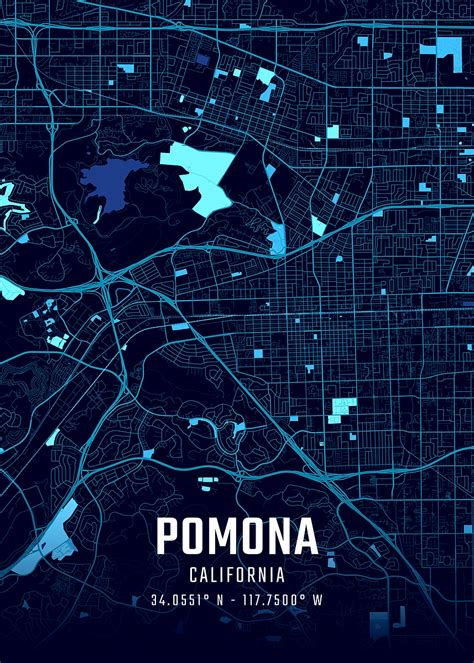 Pomona California Midnight City Map Poster Picture Metal Print
