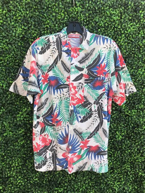 Soft Cotton Faded Ferns And Hibiscus Flower Small Fit Hawaiian Shirt