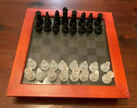 Vintage Glass Chess Set In Woodglass Box Chessboard 11 Square Felt
