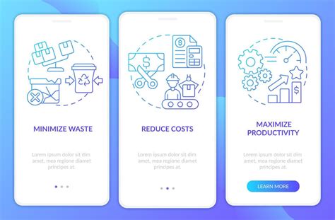 Lean Manufacturing Purpose Blue Gradient Onboarding Mobile App Screen Walkthrough 3 Steps