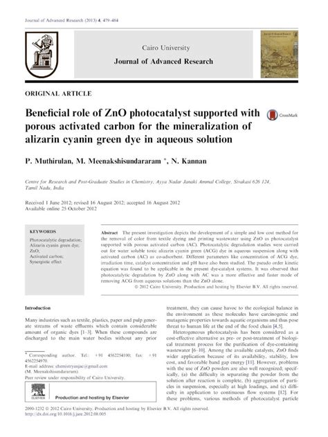 Pdf Beneficial Role Of Zno Photocatalyst Supported With Porous Activated Carbon For The