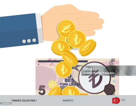 손 5 터키 리라 은행권 근처 동전 토스 평면 스타일 벡터 일러스트입니다 금융 개념입니다 5에 대한 스톡 벡터 아트 및 기타