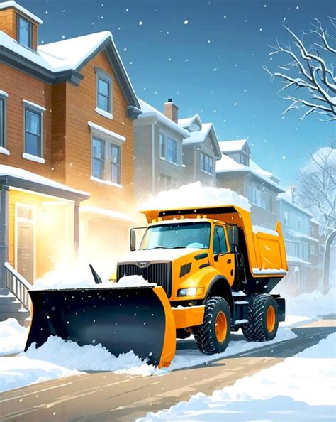 A Snow Plow Clearing A Residential Street Premium Ai Generated Image