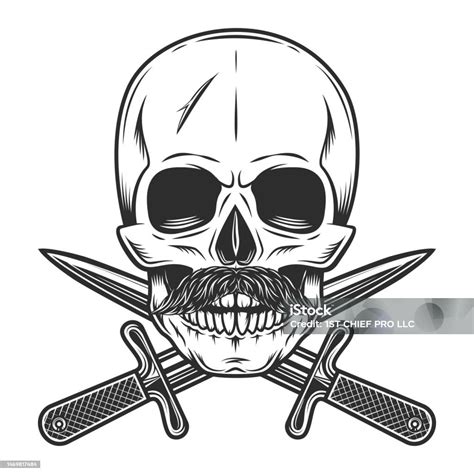 콧수염과 교차 칼 단검을 가진 힙스터 두개골은 흰색 배경 흑백 그림에 격리되어 있습니다 두개골에 대한 스톡 벡터 아트 및 기타