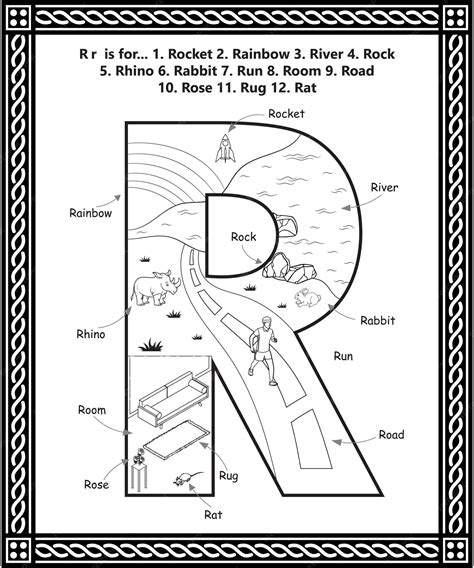 어린이를 위한 만화 어휘 학습 활동 워크시트가 포함된 알파벳 R 문자 색칠하기 책 프리미엄 벡터