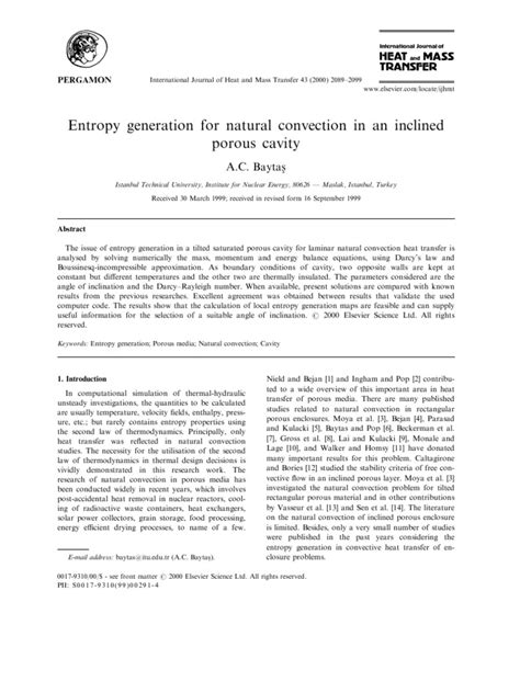 Entropy Generation For Natural Convection In An Inclined Porous Cavity Pdf Second Law Of
