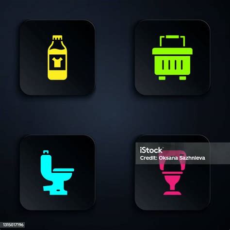 변기 그릇 청소제 용 병 및 도구 상자를 설정합니다 검은 색 사각형 버튼 벡터 가정 생활에 대한 스톡 벡터 아트 및 기타 이미지