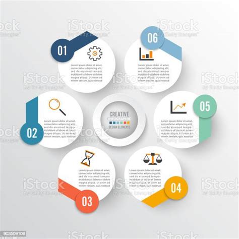 벡터 일러스트 레이 션 Infographics 6 옵션입니다 안내 책자 비즈니스 웹 디자인 서식 파일 0명에 대한 스톡 벡터