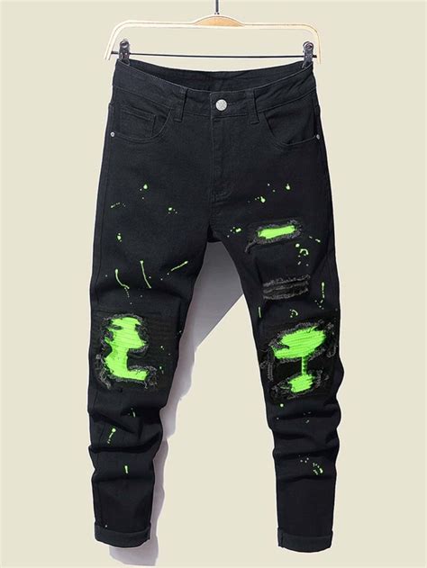 Manfinity Emrg Men Cotton Splash Ink Print Ripped Frayed Rag Stitching