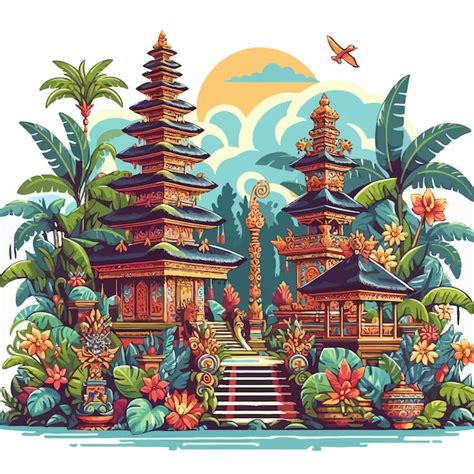 Un Dessin D Une Pagode Avec Un Oiseau Volant Au Dessus Vecteur