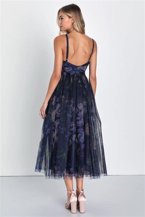 Navy Blue Floral Dress Floral Tulle Dress Pleated Tulle Dress Lulus