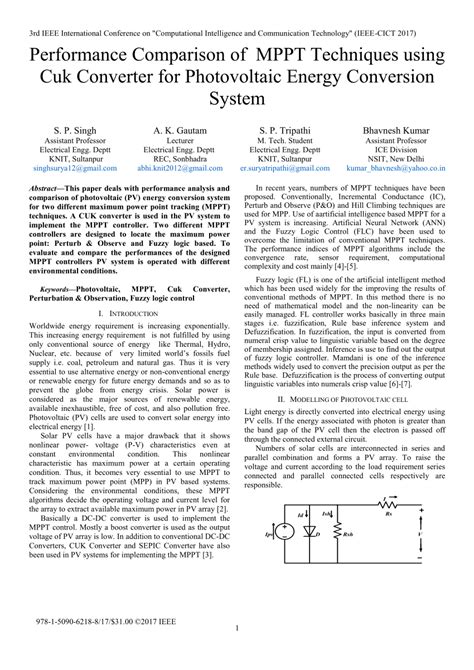 Pdf Performance Comparison Of Mppt Techniques Using Cuk Converter For