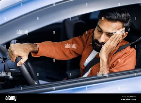 Tired Sleepy Arabic Driver Man Sleeping Sitting Inside Modern