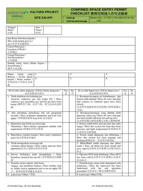 Kps Hses Fr Sf 055 Form Confined Spaces Checklist 密闭空间进入许可点检表 Pdf