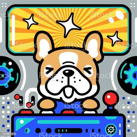 귀여운 피에발드 프랑스 불독이 빛의 속도로 무제한 파워 우주선을 조종하고 있습니다 Space Tourism에 대한 스톡 벡터