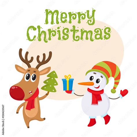 Merry Christmas Greeting Card Template With Funny Reindeer Holding A
