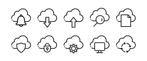 클라우드 세트 아이콘입니다 클라우드 스토리지 교환 신경망 데이터 저장소 데이터베이스 원격 액세스 클라우드 서비스 인공 지능 흰색 배경에 벡터 선 아이콘 0명에 대한 스톡