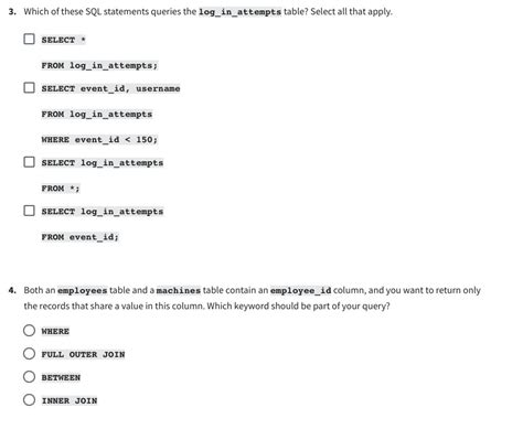 Which Of These Sql Statements Queries The Loginattempts Table Select All That Apply Select