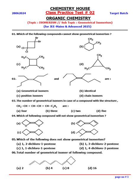 Class Practice Test 02 Isomerism 240705 132708 Pdf Isomer Stereochemistry