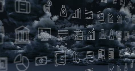 Animation Of Multiple Digital Icons Against Dark Clouds In The Sky