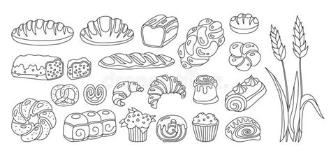 Bread Pastry Bakery Doodle Cartoon Set Outline Loaf Bun Roll Baguette