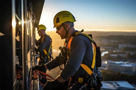 Premium Ai Image A Workers Working At Height With Safety Harness