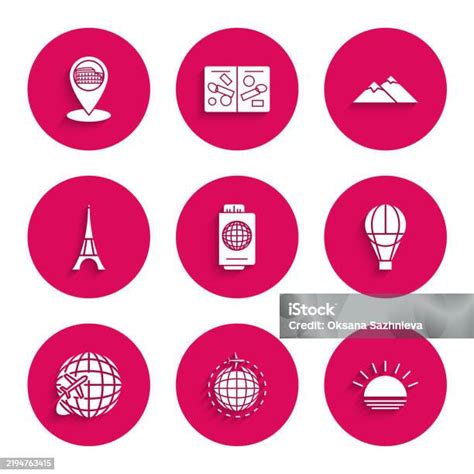 티켓 지구본 비행 비행기 일몰 열기구 에펠 탑 산 및지도 포인터 콜로세움 로마 이탈리아 아이콘과 여권을 설정합니다 벡터 개념에 대한 스톡 벡터 아트 및 기타 이미지 Istock