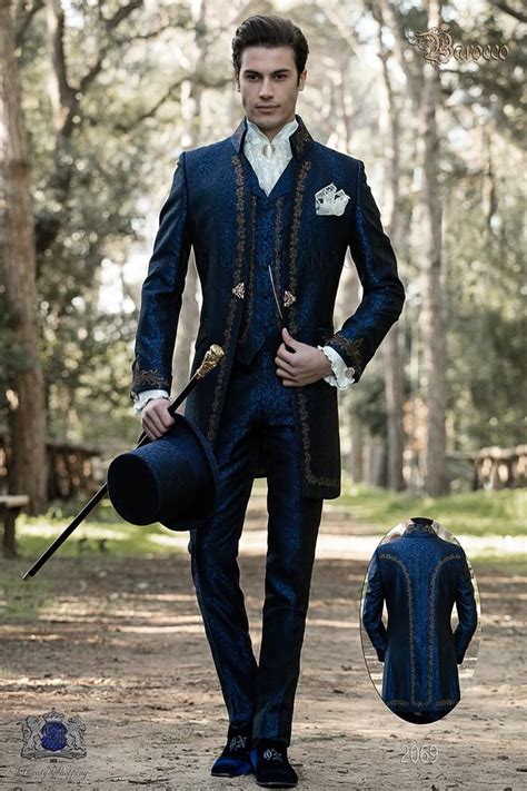 Traje de novio barroco levita de época cuello Napoleón en tejido jacquard azul con bordados