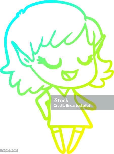 Dessin Au Trait Dégradé Froid Dune Fille Elfe De Dessin Animé Heureuse