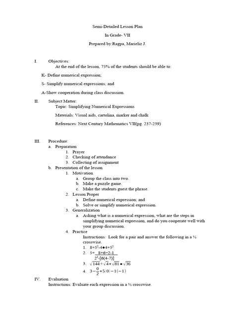 Simplifying Numerical Expressions Pdf Lesson Plan Mathematics