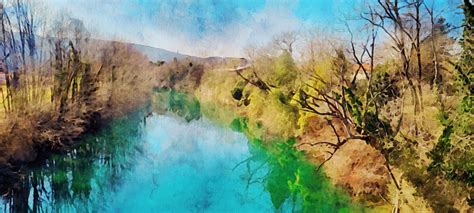 봄철 초여름 동안 Vipava 계곡의 Vipava 강 전망과 푸른 흐린 하늘의 수채화 효과 풍경에 대한 스톡 사진 및 기타