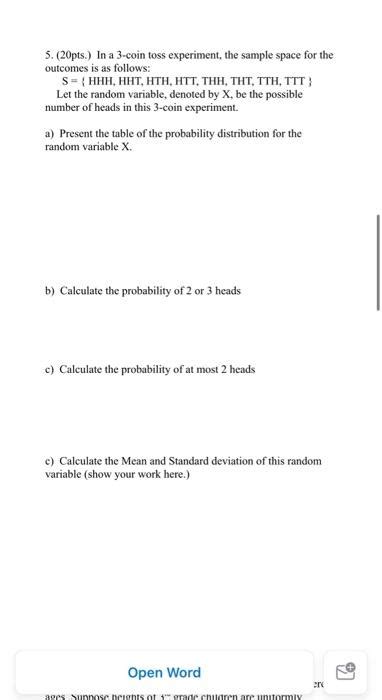 solved 5 20pts in a 3 coin toss experiment the sample