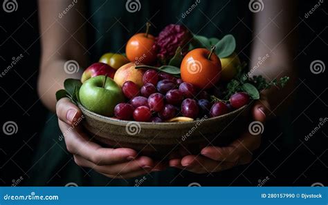Hand Holding Ripe Fruit Bowl Showcasing Organic Vegetarian Food