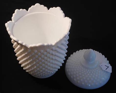 Lot Vintage Fenton White Milk Glass Hobnail Cookie Jar W Label