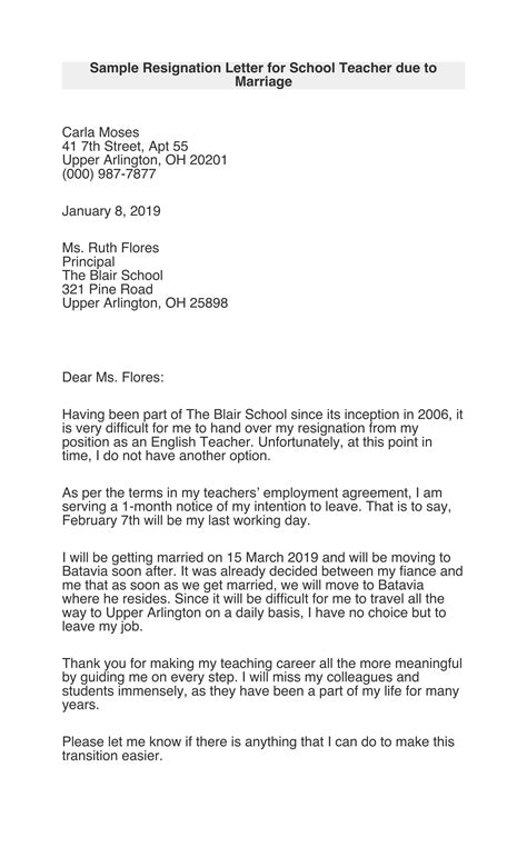 Teacher Resignation Letter Template Sp Premium Template