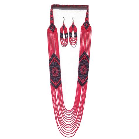 Handmade Native American Style Beaded Layered Necklace Set Red