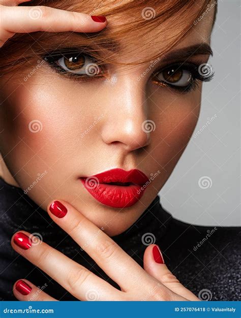 Beautiful Brunette Girl With Red Lips And Short Slick Hair Pretty