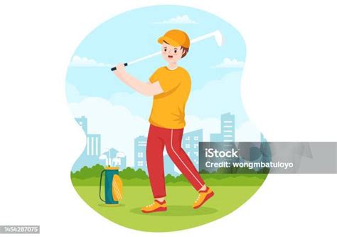 깃발 카트 막대기 녹색 필드 및 모래 벙커가 있는 골프 스포츠 삽화는 평평한 만화 손으로 그린 템플릿에서 야외 재미 또는 라이프스타일을 제공합니다 Championship에