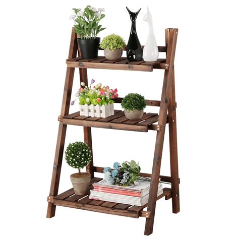 3 Tier Folding Wooden Ladder Shelving Flower And Plant Display Stand