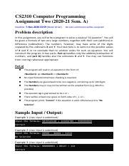 CS2310 Assignment 2.pdf - CS2310 Computer Programming Assignment Two 2020-21 Sem. A Deadline: 7 ...