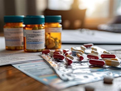 Prescription Medication Bottles And Assorted Pills On Wooden Table With