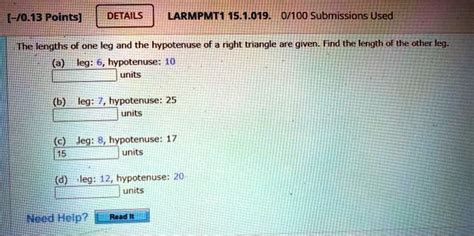 Solved Points Details Larmpmti Submissions Used The Lengths Of One Leg