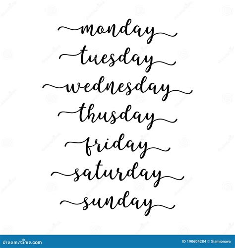 Hand Lettered Days Of The Week Calligraphy Words Monday Tuesday