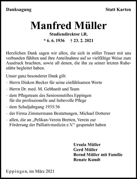 Traueranzeigen von Manfred Müller trauerundgedenken de